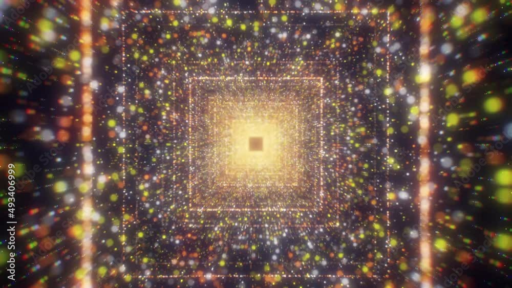 Bright square tunnel with particles. Motion. Immersion in cosmic flow ...