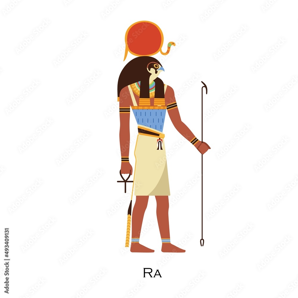 Ra god, Ancient Egyptian deity with solar disk and falcon head. Old ...