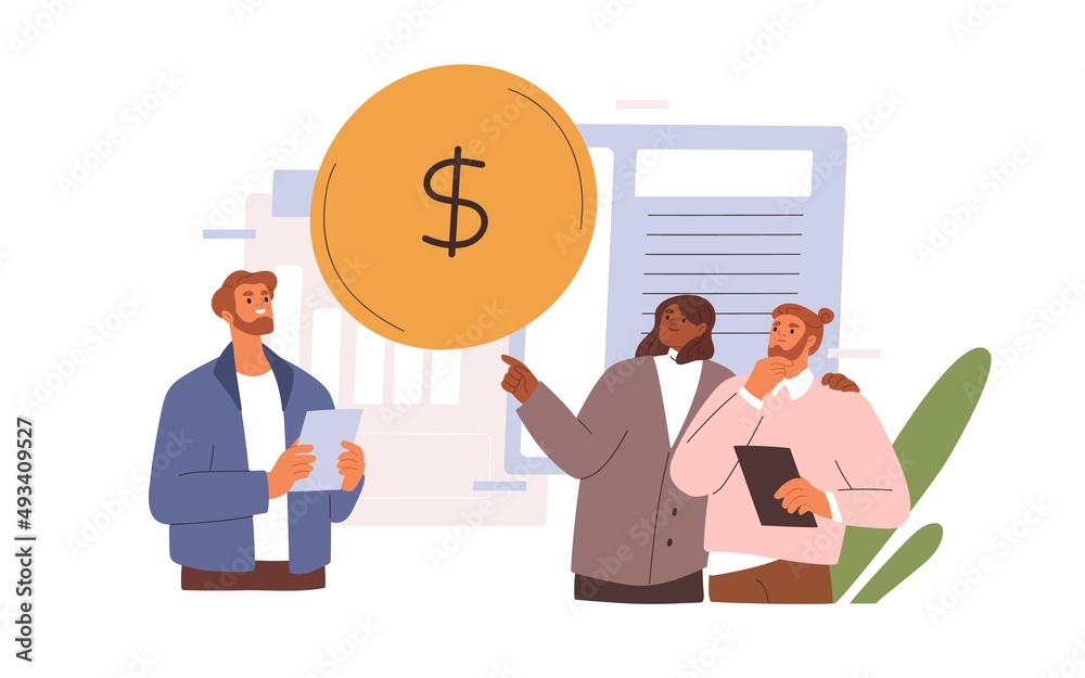 Business people, partners and coin, corporate revenue, earnings ...