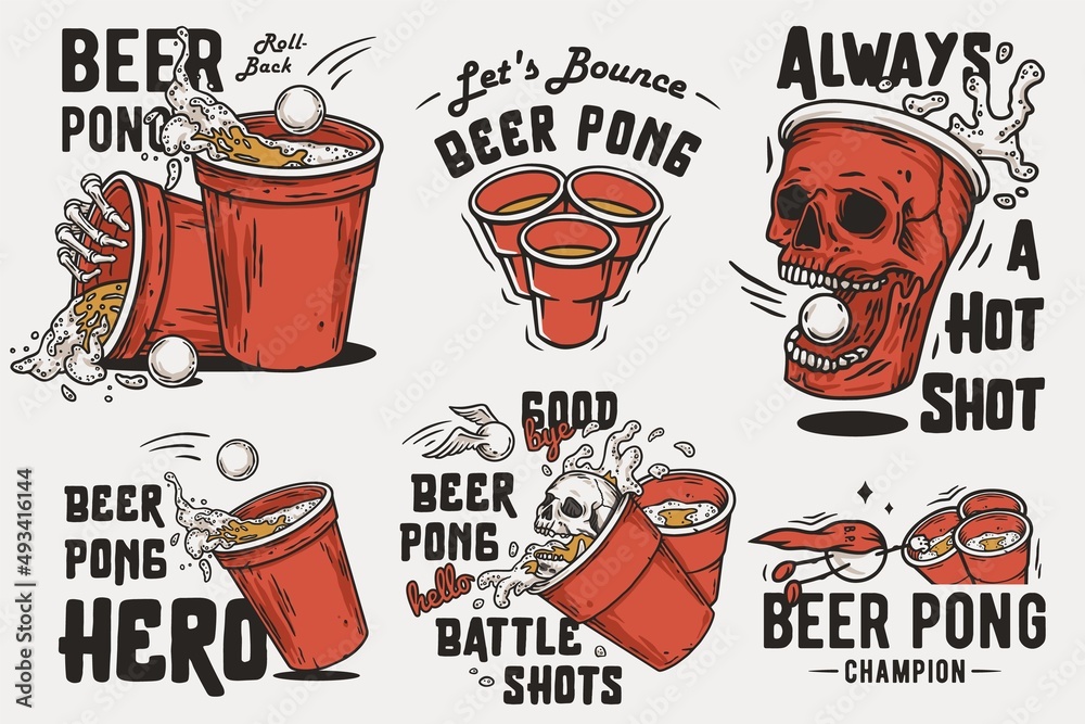 Beer pong set with cup skull or skull mug with splash foam. Alcohol or ...