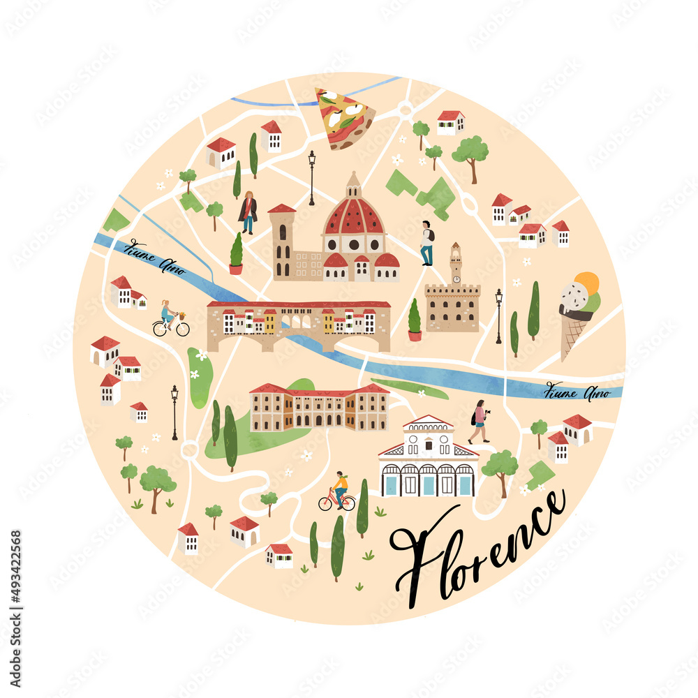 Lovely hand drawn map of Florence, Italy. Illustrated sights and cute ...