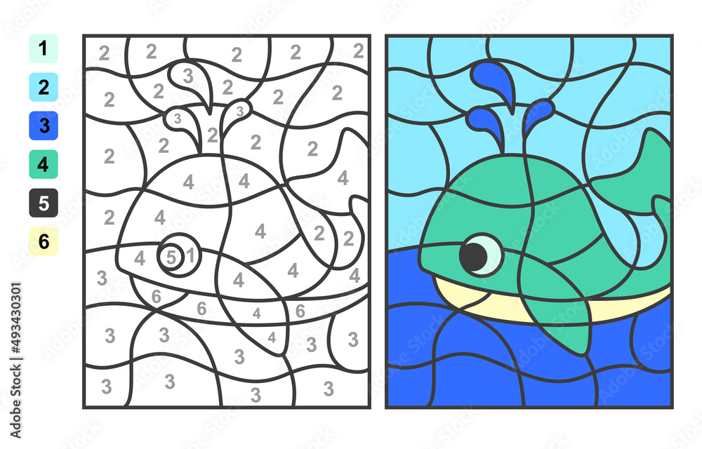 Color by numbers sea and ocean life. Puzzle game for children education ...