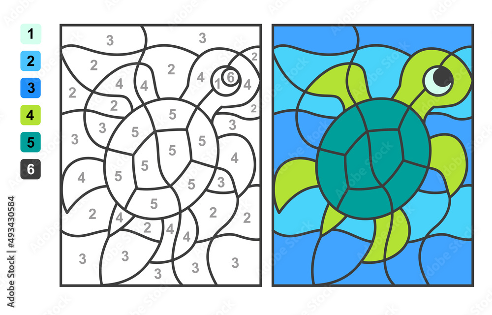 Color by numbers sea and ocean life. Puzzle game for children education ...