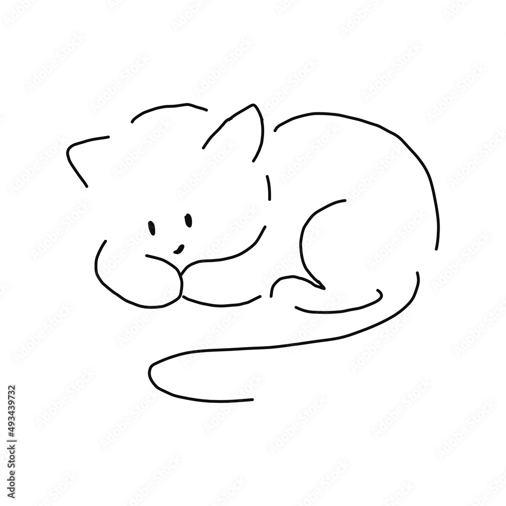 Cat continuous line drawing - cute pet sits with twisted tail side view ...