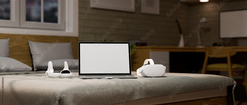 Bedroom background with modern gadgets concept, Laptop white screen ...
