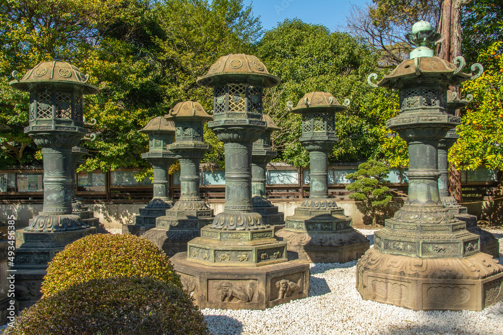Japanese traditional bronze lanterns, called 'Toro' from the Heian ...