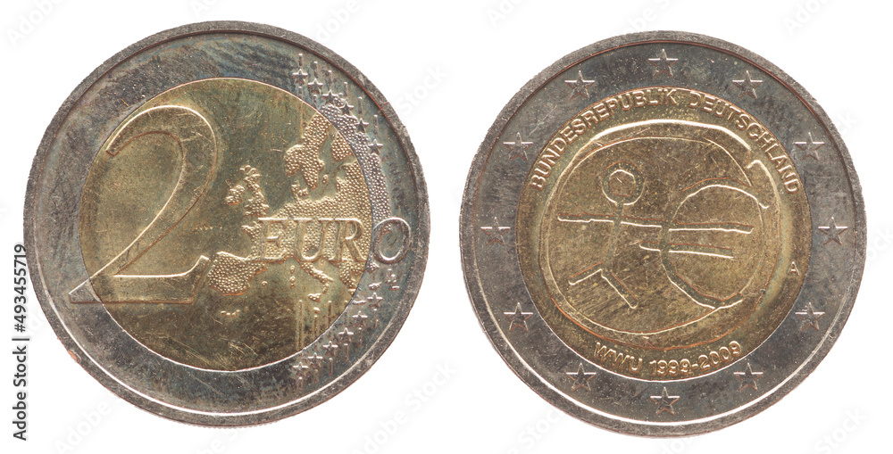 Germany - circa 2009 : a 2 Euro coin of Germany with a map of Europe ...