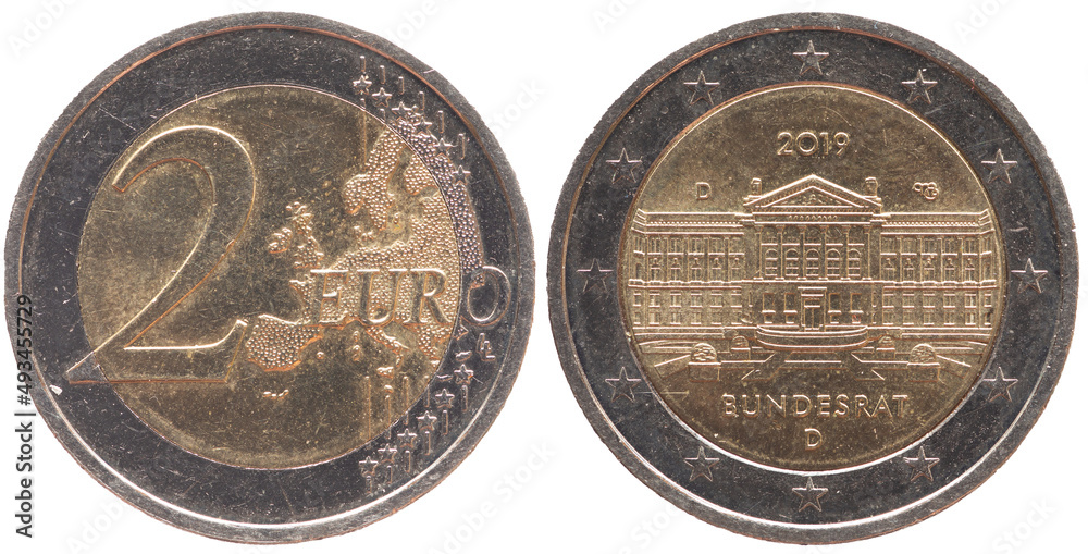 Germany - circa 2019 : a 2 Euro coin of Germany with a map of Europe ...