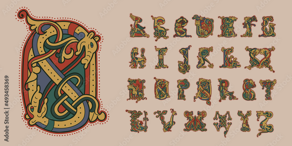Medieval initials alphabet made of twisted beast, lions, birds and ...