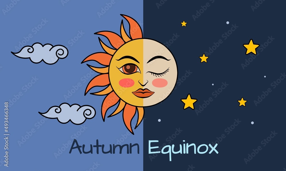 Vector illustration of half sun and half moon as autumn equinox, day ...