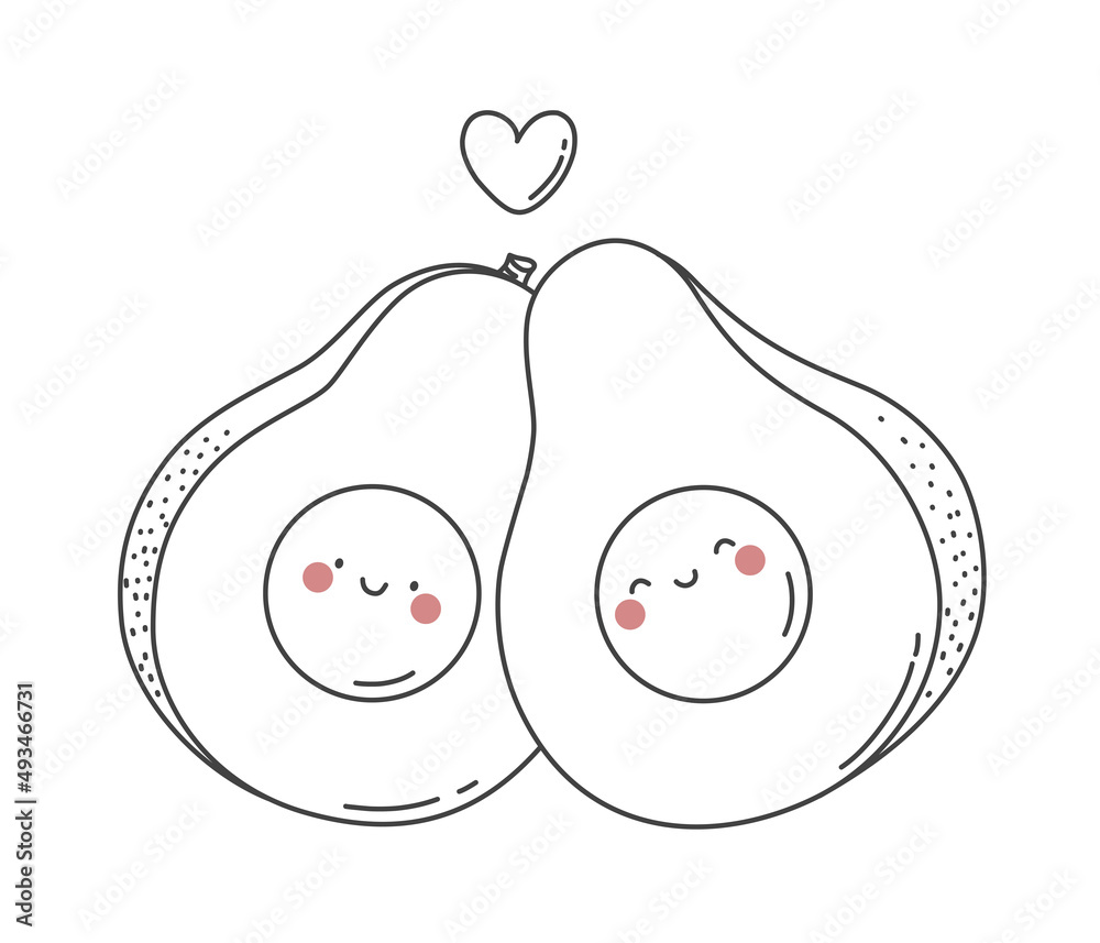 Vector line drawing cute avocado couple. Cute fruit illustration ...