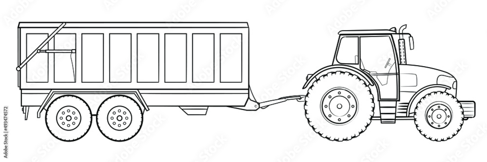 Farm tractor with trailer - stock outline illustration of a vehicle ...