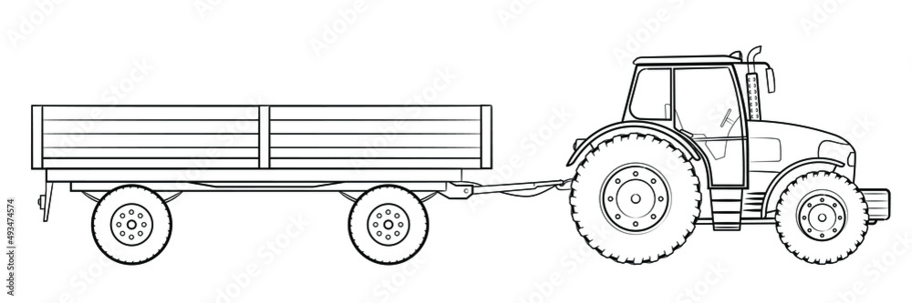Farm tractor with trailer - stock outline illustration of a vehicle ...