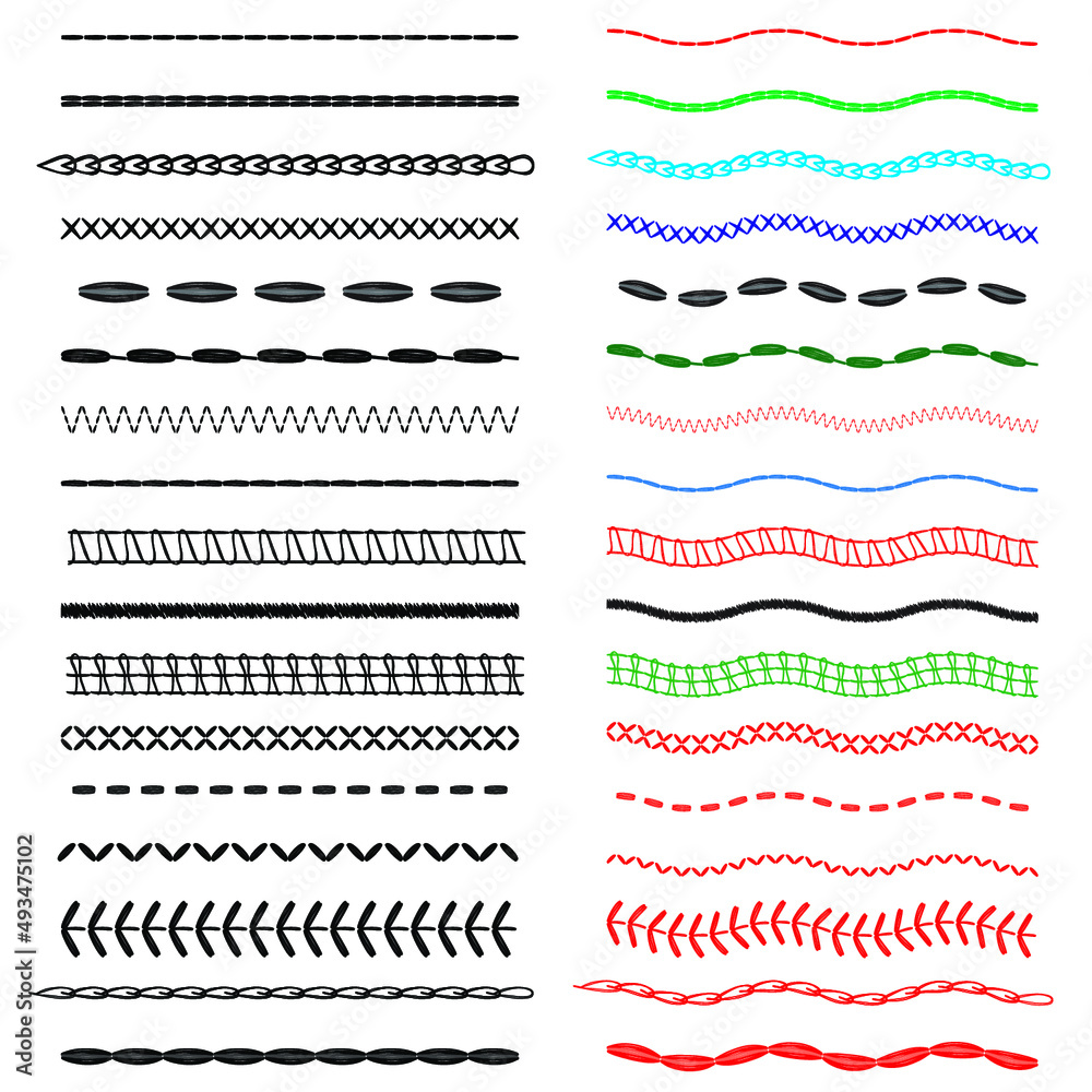 Collection of Embroidery Sewing stitches sew seamless brush strokes ...