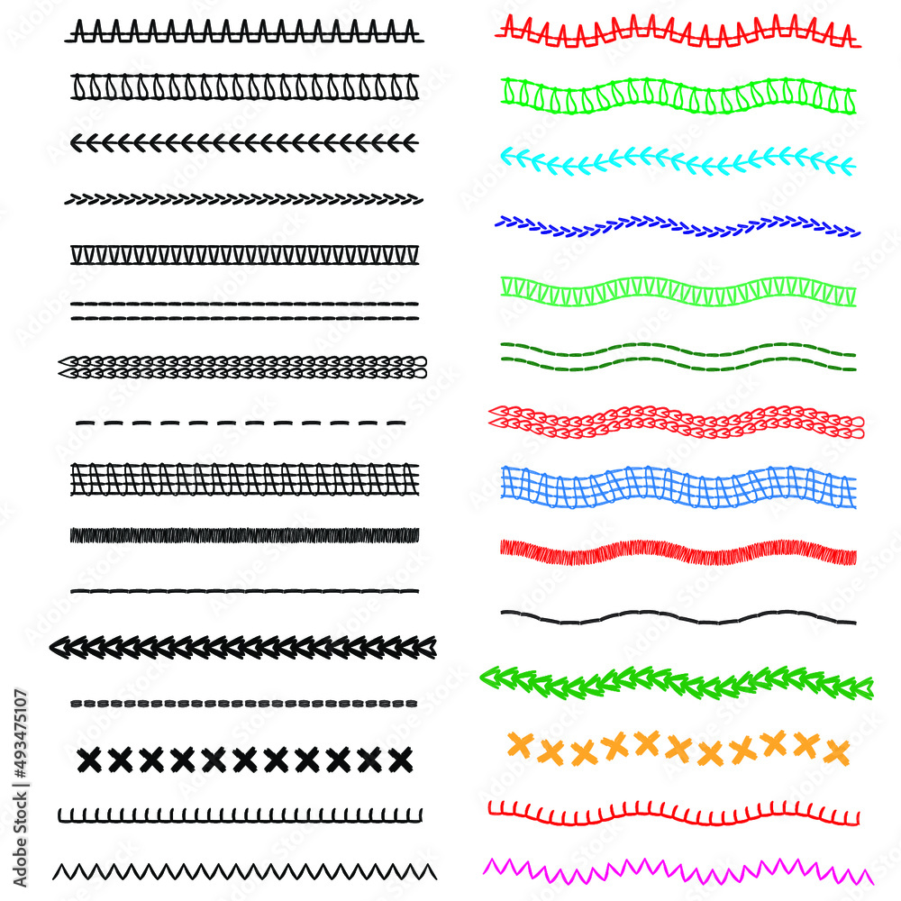 Collection of Embroidery Sewing stitches sew seamless brush strokes ...