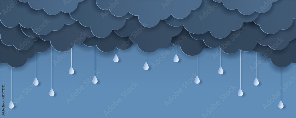 Paper cut and craft style of cloud and rain drops on dark background ...