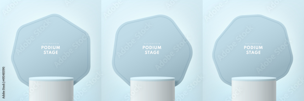 Set of white realistic 3d cylinder stand or podium in pastel abstract ...