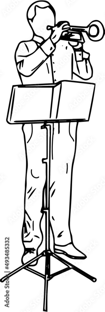 LIne art illustration of trumpet player, Outline sketch drawing of ...