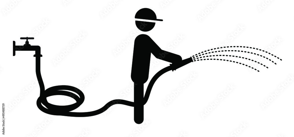 Stickman, stick figure man waters the garden. Garden hose. Grass lawn ...