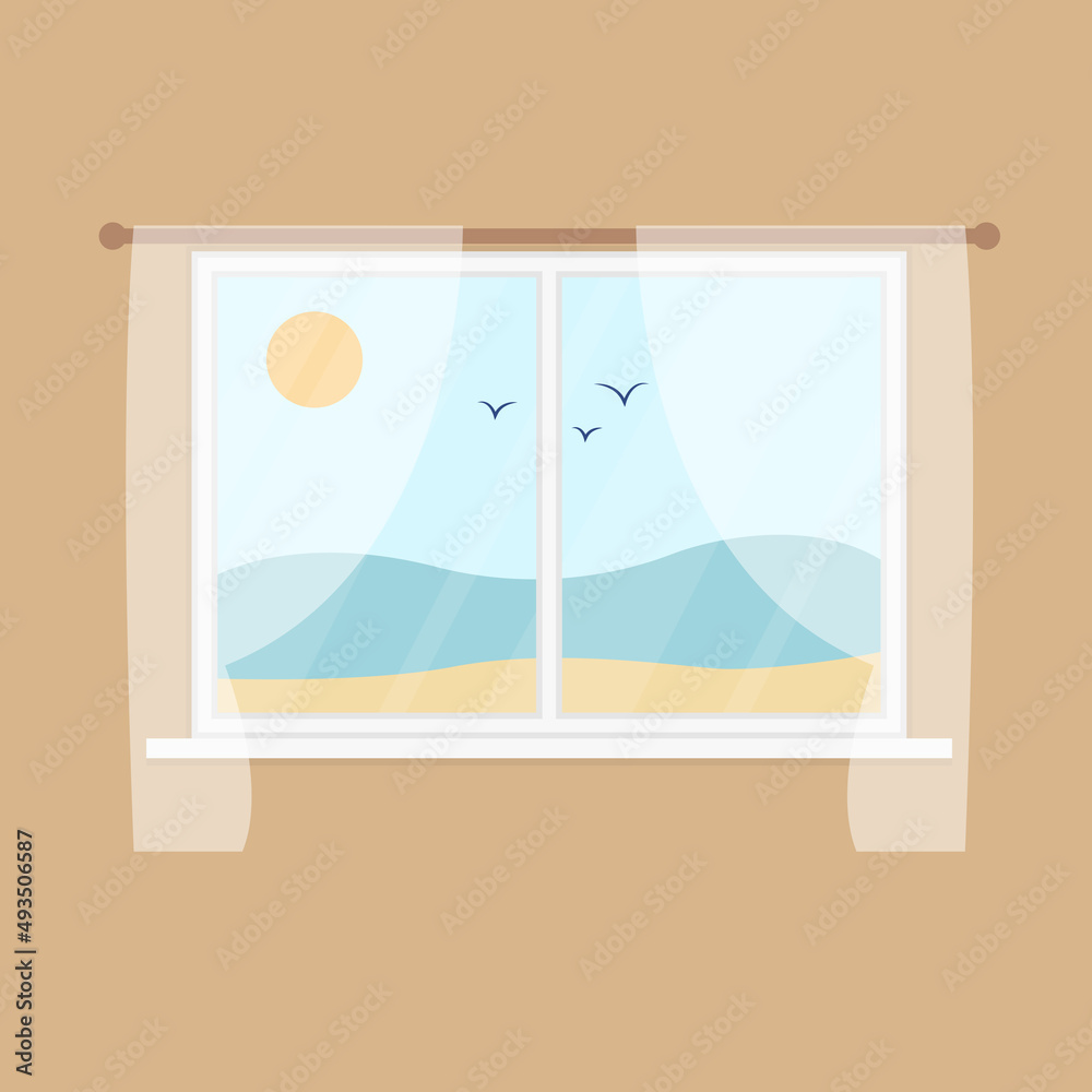 Window with nature landscape, sun, seagulls, sea, sand. Window view on ...
