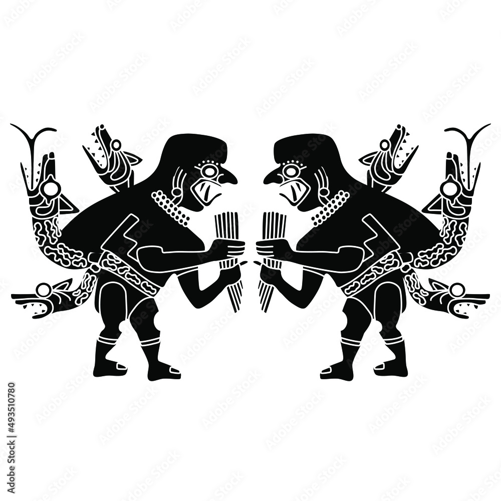 Fantastic fanged man with snakes or dragons. Native American art of ...