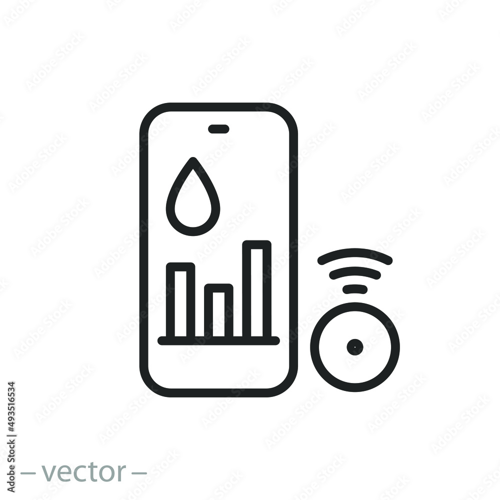 continuous glucose monitoring icon, level sugar on phone, thin line ...