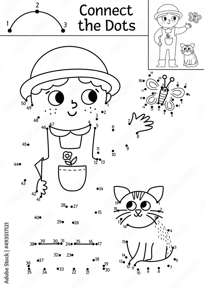Vector dot-to-dot and color activity with cute farmer and cat. On the ...