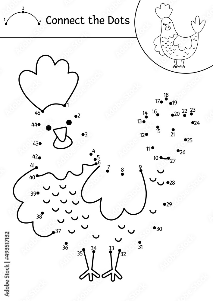 Vector dot-to-dot and color activity with cute hen. On the farm connect ...