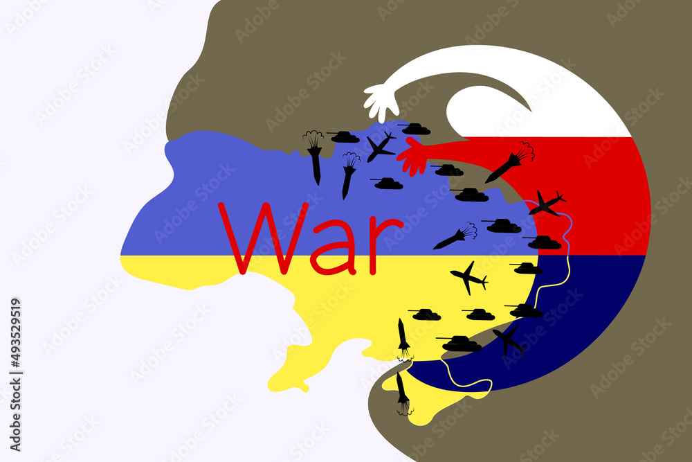War in Ukraine. Russian invasion. Monster, colors of the Russian flag ...