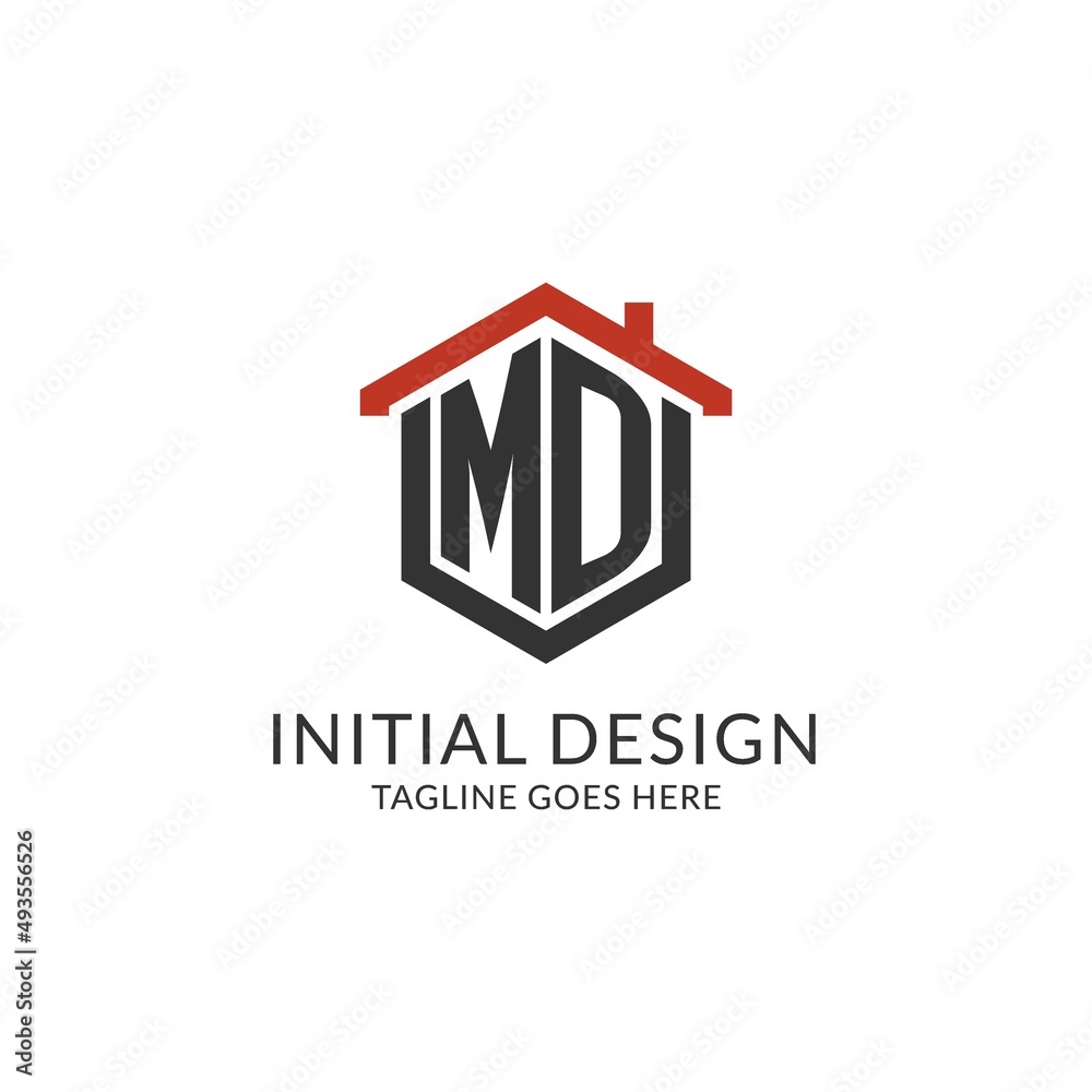 Initial logo MD monogram with home roof hexagon shape design, simple and minimal real estate ...