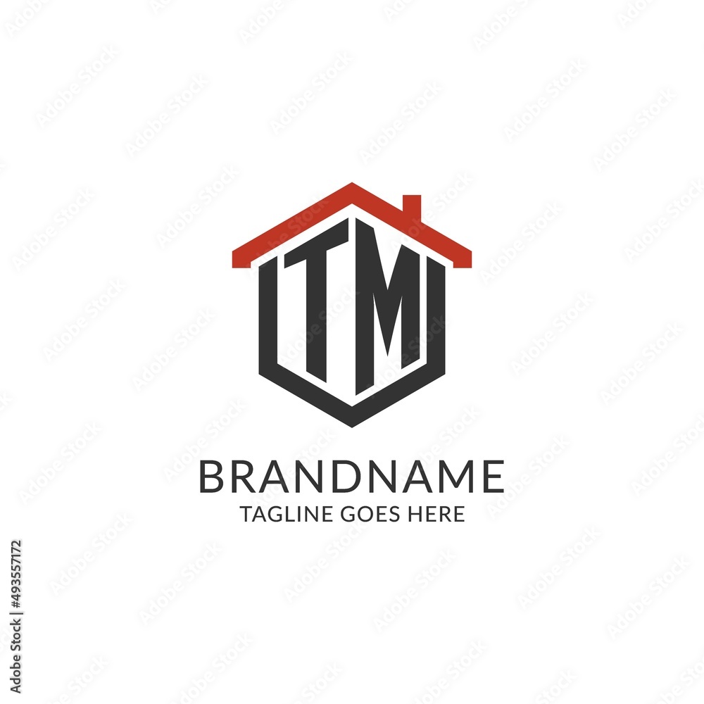 Initial logo TM monogram with home roof hexagon shape design, simple ...