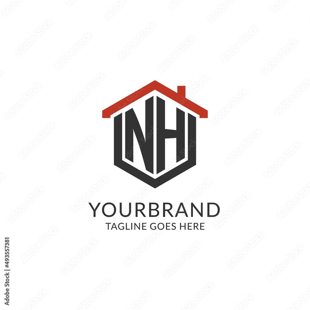 Initial logo NH monogram with home roof hexagon shape design, simple ...