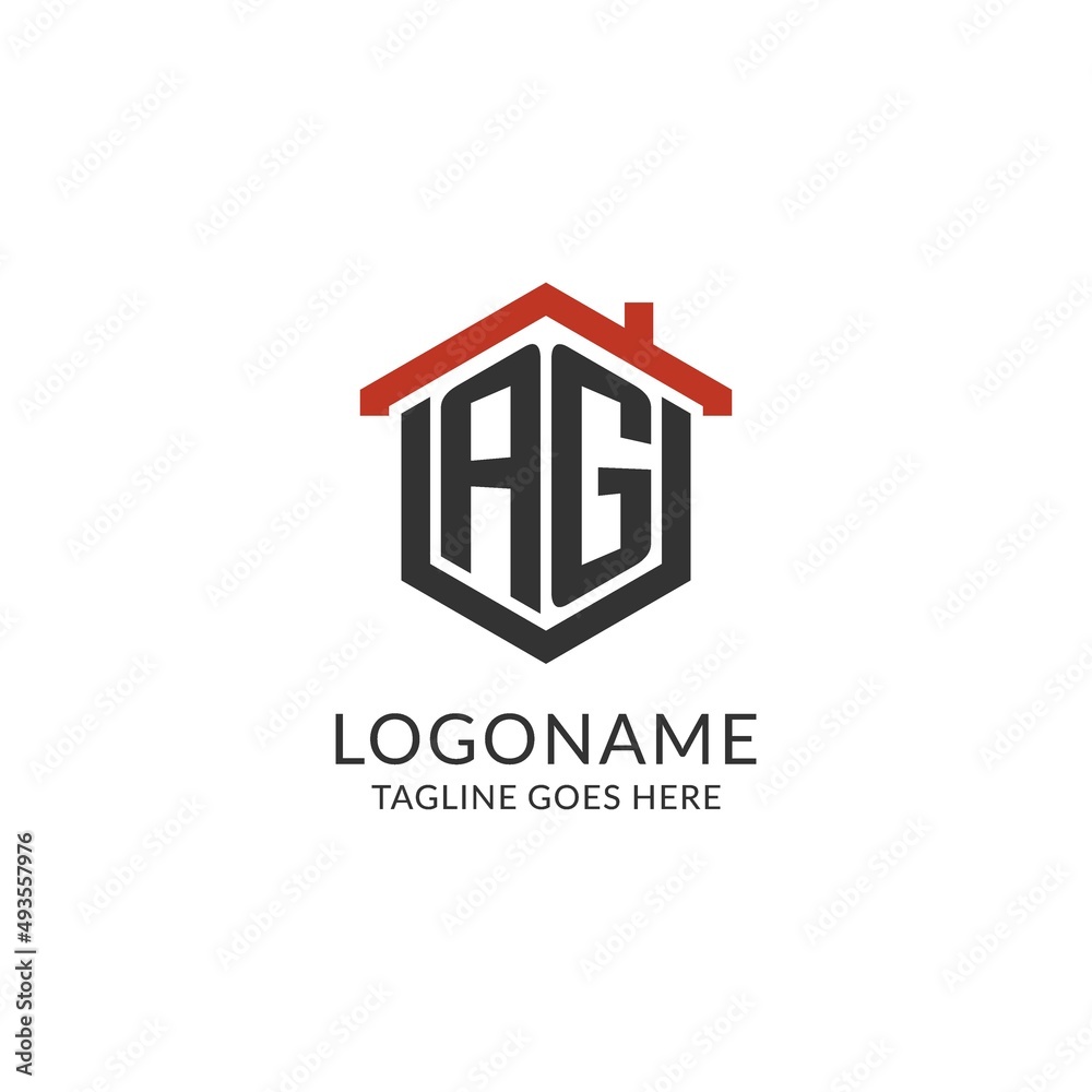Initial logo AG monogram with home roof hexagon shape design, simple ...