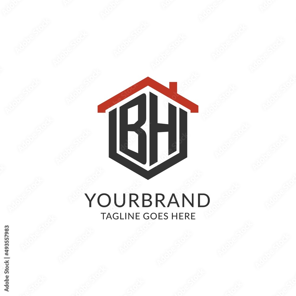 Initial logo BH monogram with home roof hexagon shape design, simple ...