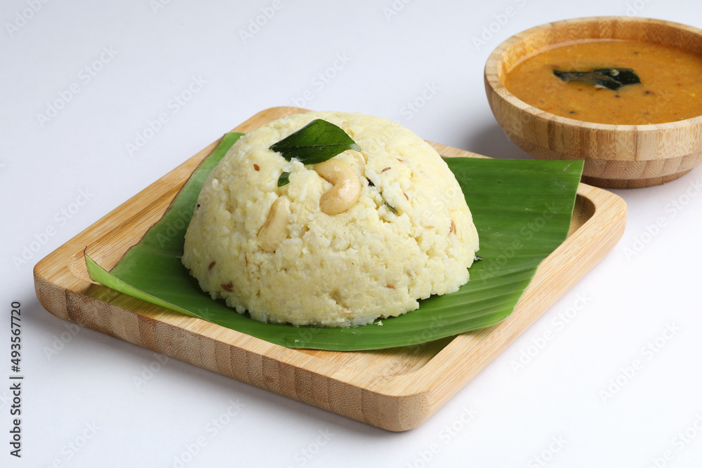 Ven Pongal with Sambar, coconut Chutney popular Indian breakfast food ...