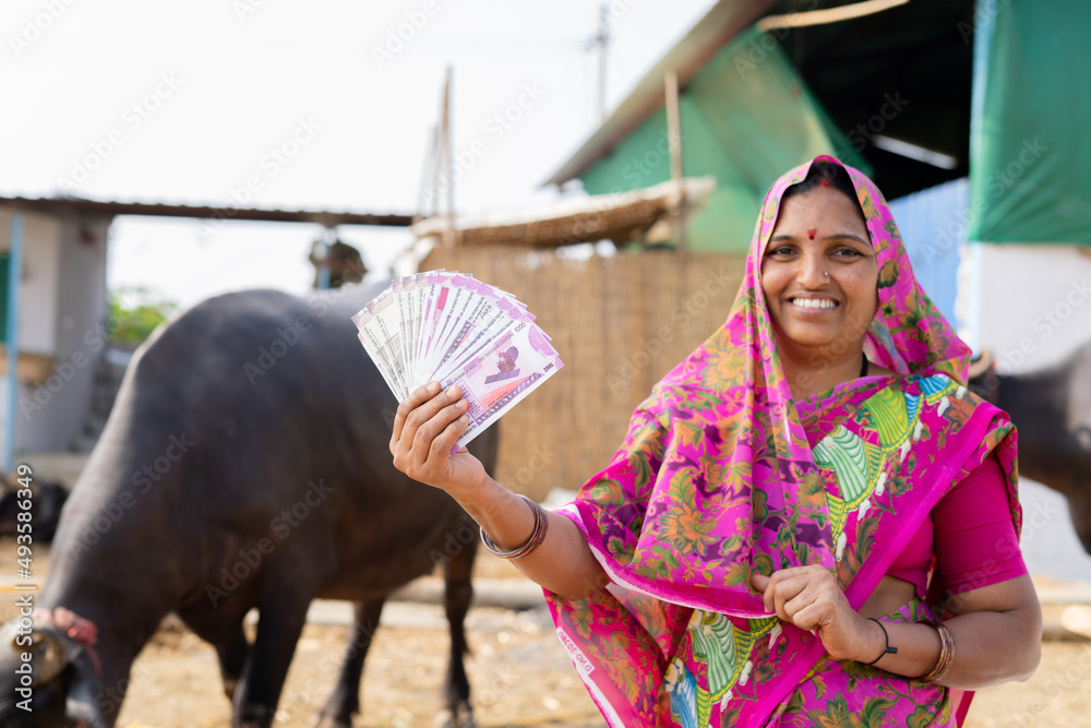 focus on currency notes, Smiling milk dairy village women showing ...