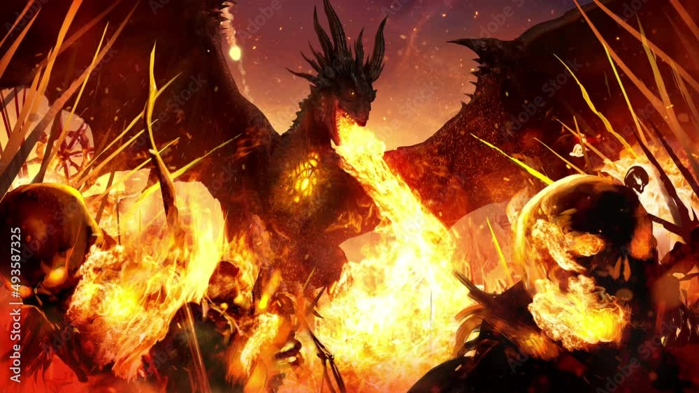 A huge furious black dragon burned bursts into the army of the undead ...