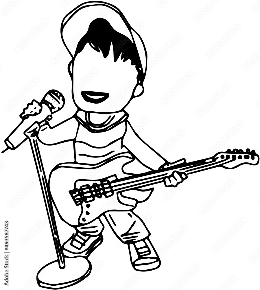 line art illustration of young pop singer with guitar and mic, Outline ...