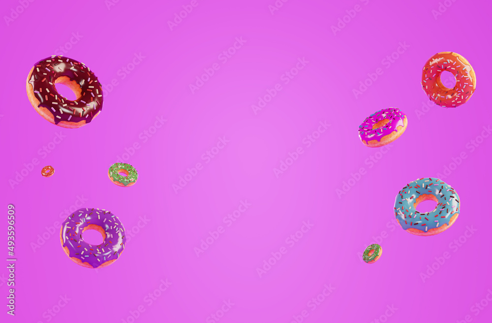 Colorful donuts in the air on a pink background, 3d render. Donut ...