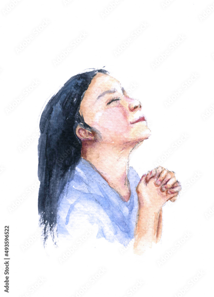 Watercolor drawing praying cute girl Stock Illustration | Adobe Stock