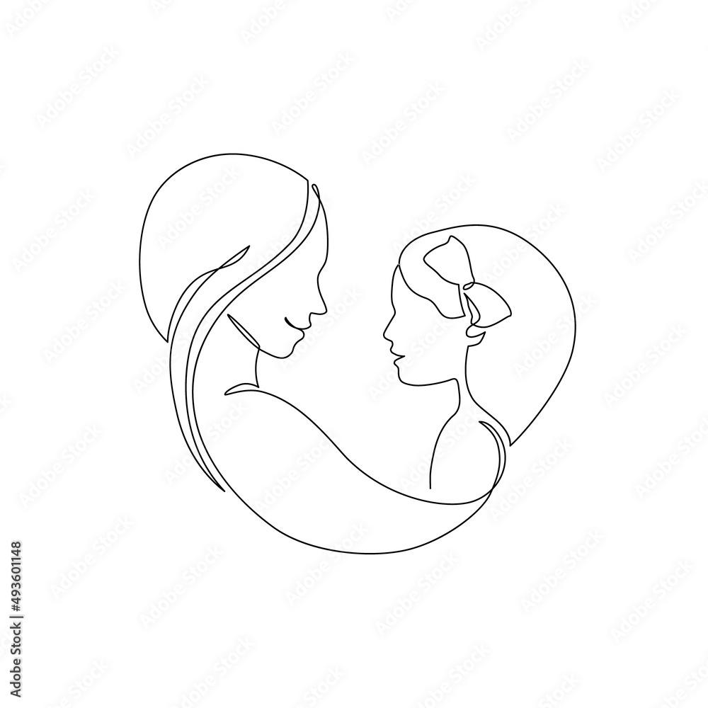 Mommy little kid line drawing. Abstract family continuous line art. Mom ...