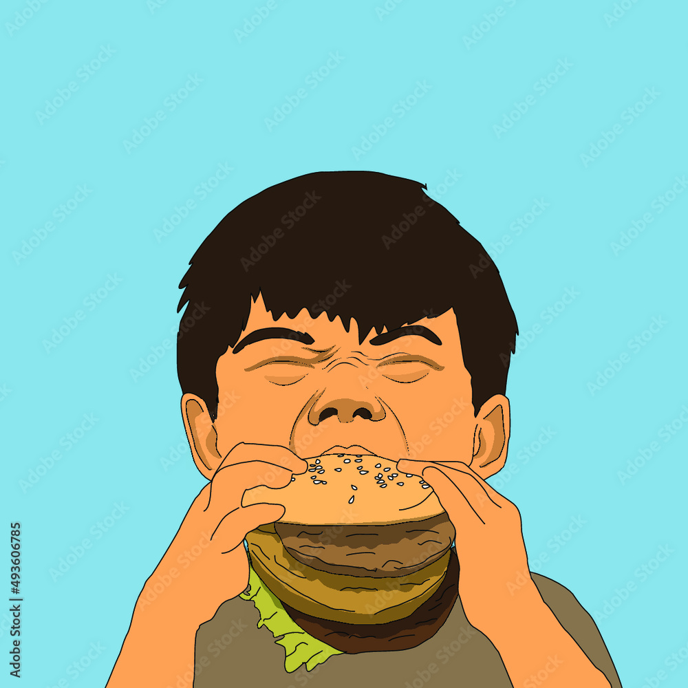 Kid eat burger in cartoon vector drawing Stock Vector | Adobe Stock