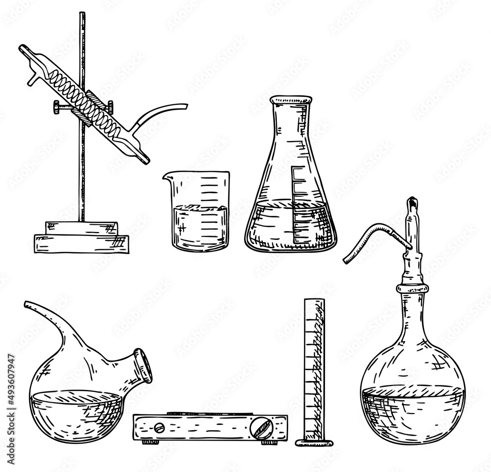 Laboratory equipment hand drawn vector illustrations set. Chemicals and ...