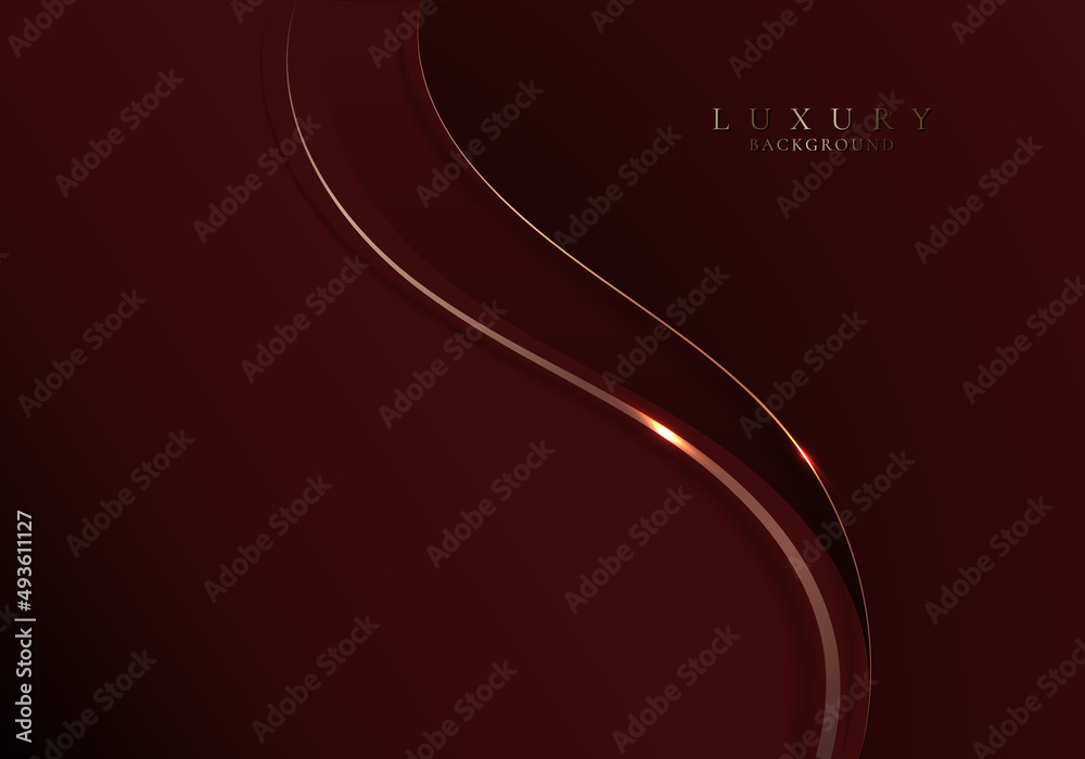 Abstract 3D red wave shapes layer and golden lines with shiny gold ...