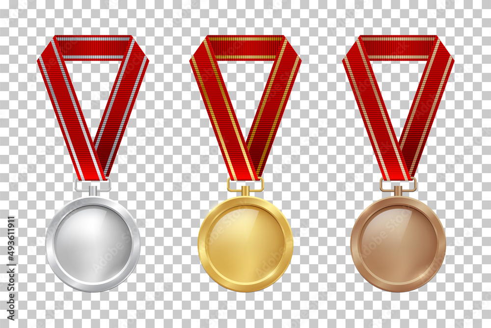Golden, silver and bronze blank medals hanging on red ribbons isolated ...