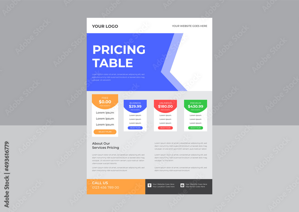 Modern looking pricing table design with four subscription plans flyer ...