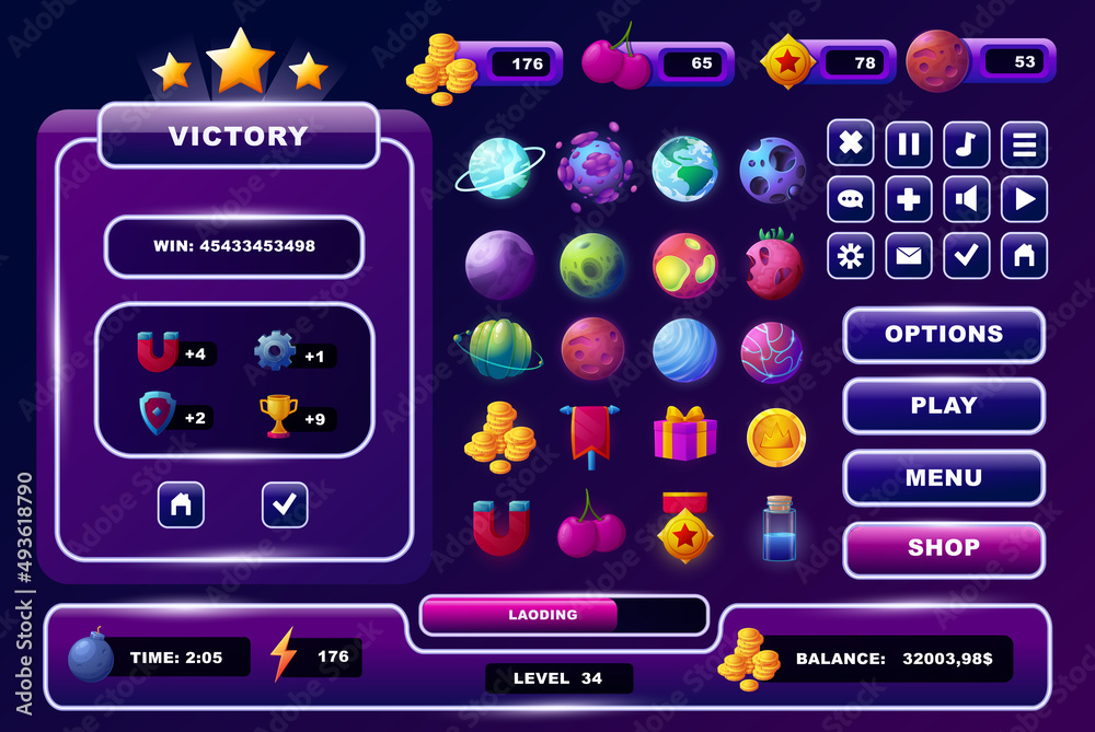 Space game . Cartoon web and mobile game icons, progress-bar, score ...
