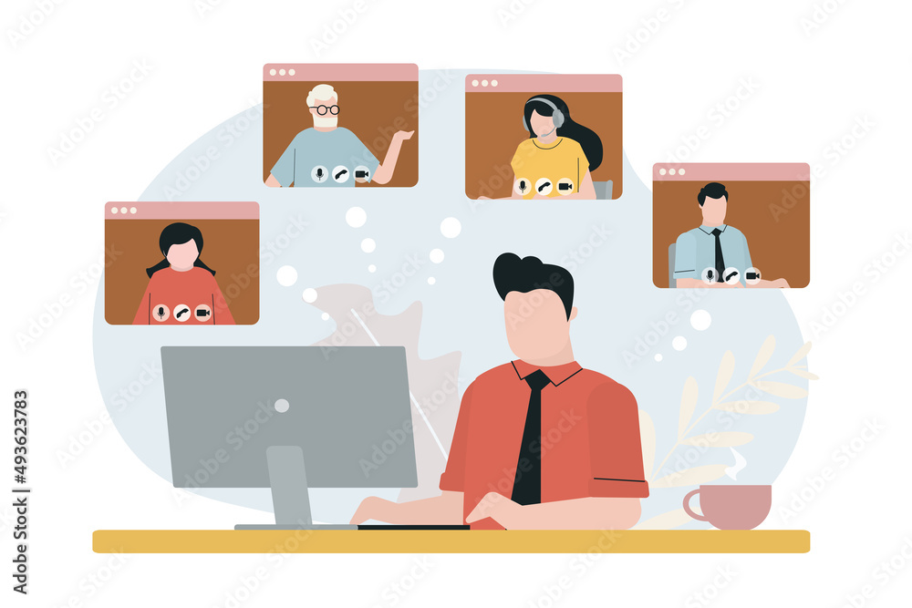 Cartoon man in front of computer video calling family. Handsome guy ...