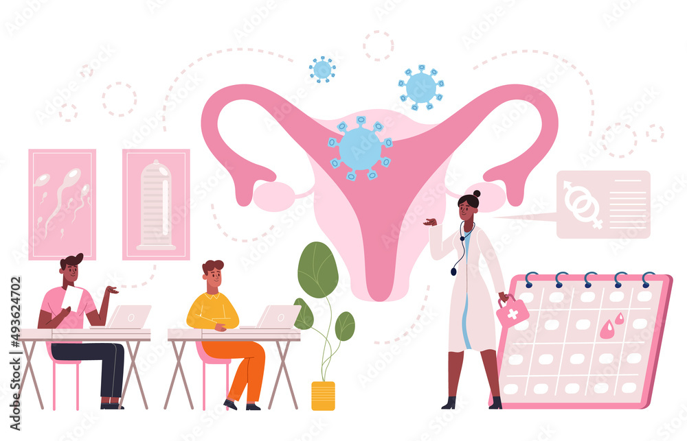 Sex education, teacher and students during sexual health lesson. People ...