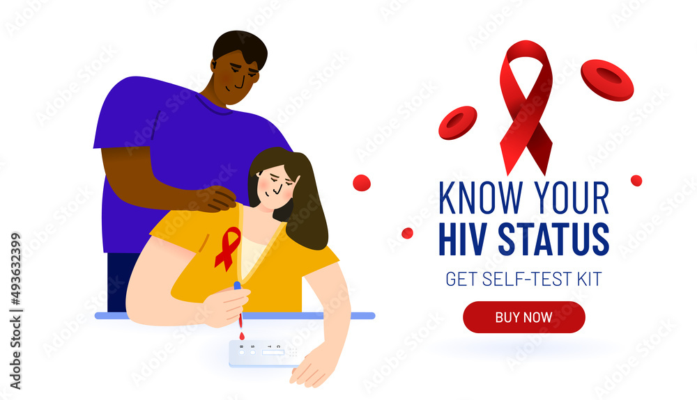 Young woman and supporting man with HIV self-test. Express home kit for ...
